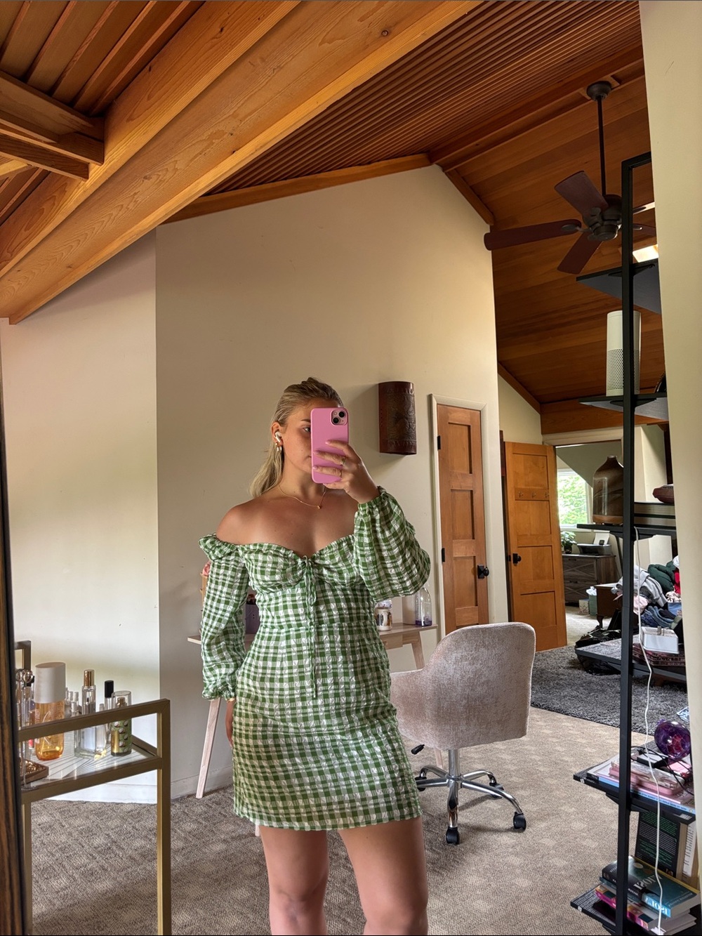 stradivarius | Dresses | Green Gingham Offshoulder Mini Dress | Poshmark